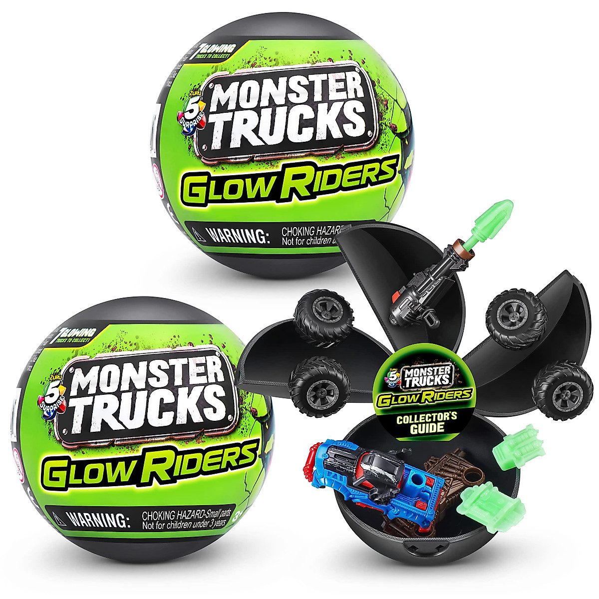 5 Surprise Monster Trucks Glow Riders Series 2 by ZURU (2 Pack) Glow in The Dark, Miniature Mystery Collectible Capsules, Mini Toy Truck, Battle Toys for Boys, Kids, Teens