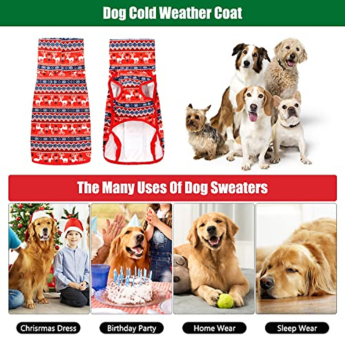 Dog Cold Weather Coats, Dog Sweaters with Leash Hole for Small Medium Large Dogs, Bowite Soft Warm Stretchy Dog Winter Jacket Girl Boy for Cold Weather, Dog Pullover Sweater Vest (Christmas,XS)