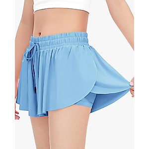 HASMES Girls Butterfly Shorts Teen Flowy Athletic Shorts for Running Dance Cheer 5-14Y Light Blue