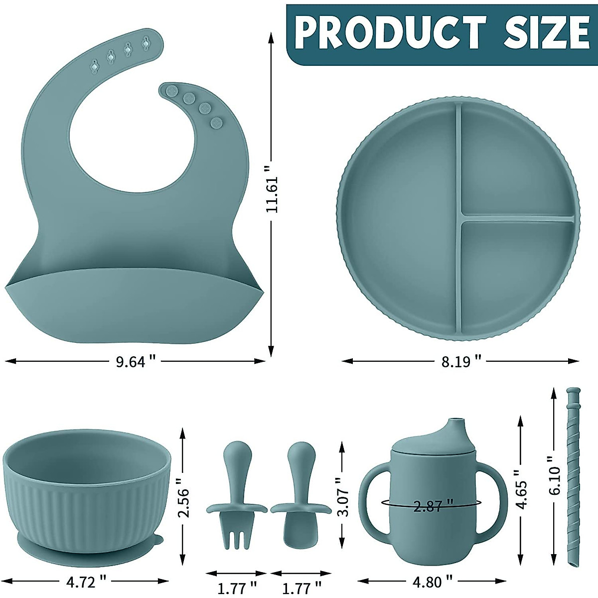 Silicone Baby Feeding Set, 2 Adjustable Bibs with Food Collectors, 1 Suction Cup Divider, 1 Suction Cup, 1 Sippy Cup,1 Stage 1 Spoon and 1 Fork, Baby Led Weaning Utensils,Toddler Self Feeding Set