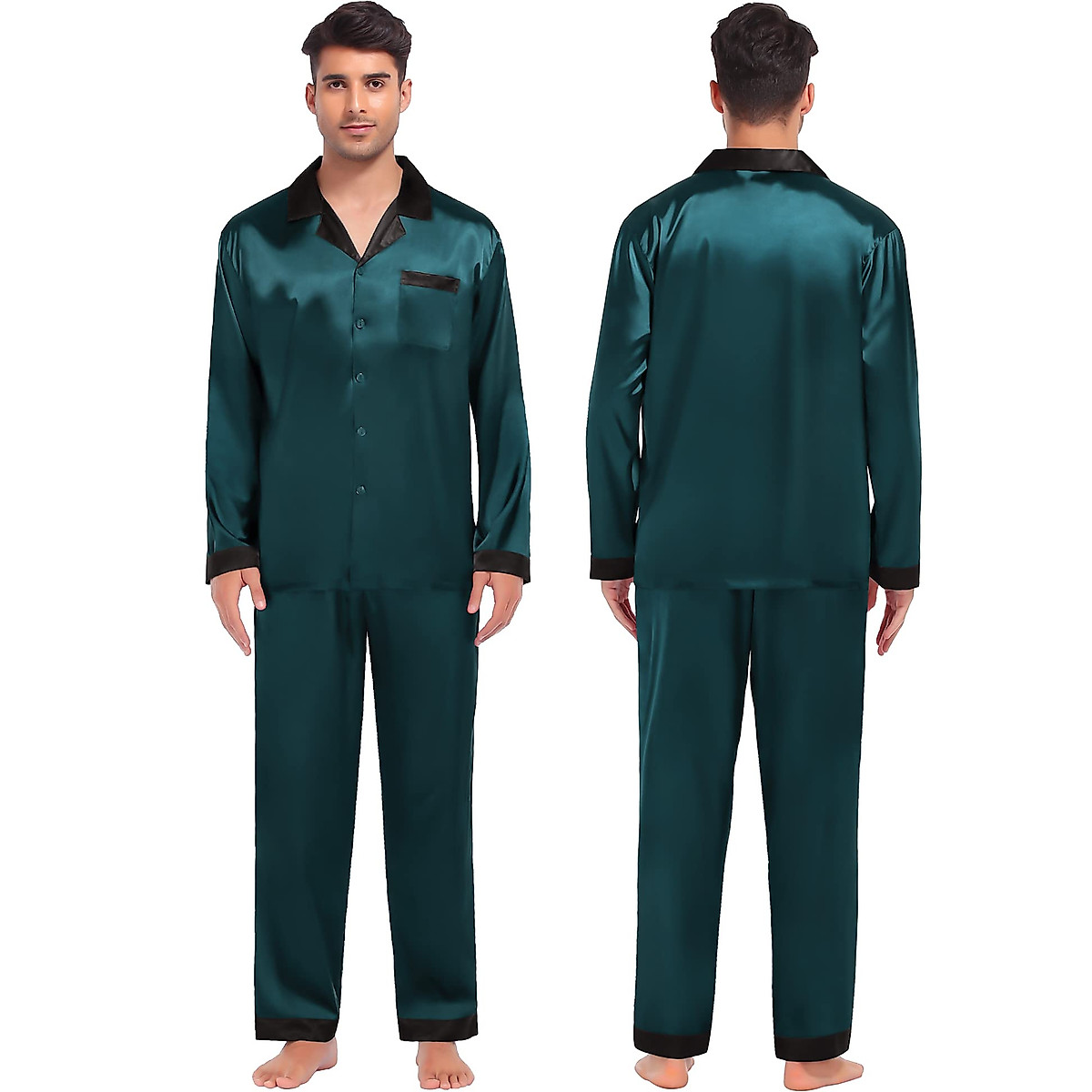 SWOMOG Couples Pajama Sets Women & Men Silky Satin Long Sleeve Sleepwear Classic Button Down Soft Loungewear Pjs Set Women Deep Green Large