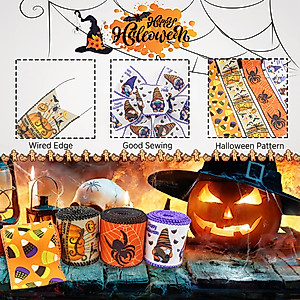 RUIFEN 4 Rolls 26 Yards Halloween Wired Edge Ribbon, Gnome Spider Pumpkin Cobwebs Bats Candy Web Printed Grosgrain Ribbons, Theme Wrapping Ribbon for Party Wreaths and DIY Crafts, 2.5 in