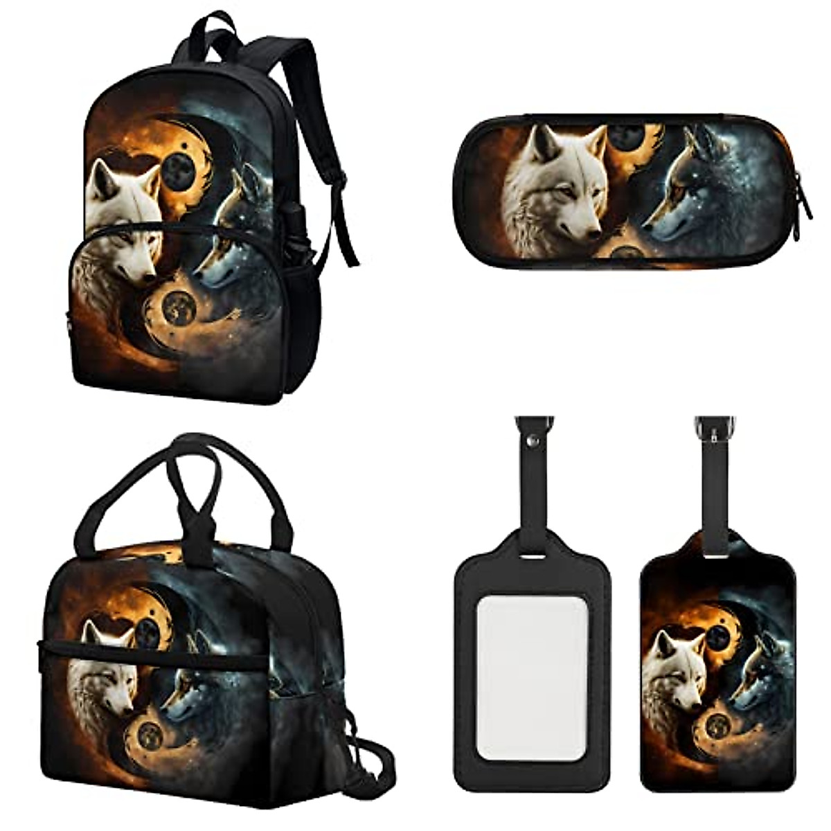 Backpack for School Girls and Boys Wolf Bookbag with Lunch Box & Pencil Case & Name Tag 4 Piece 17 Inch Lapop Backpack