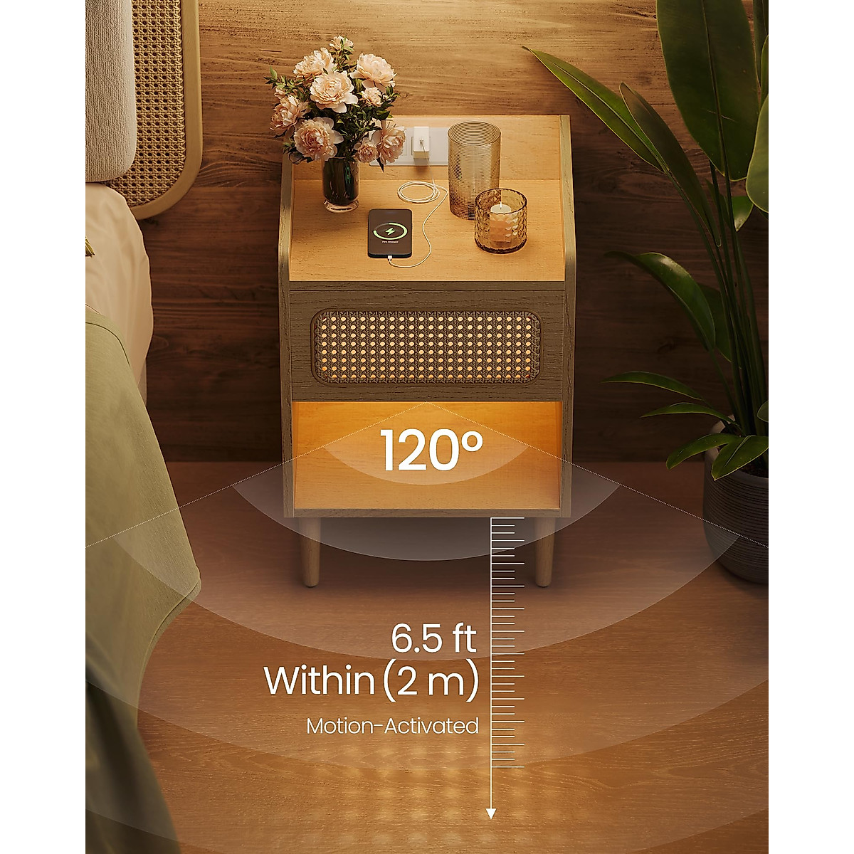 VASAGLE BOHOVEN Collection - Nightstands with Charging Station, Set of 2, Bedside Tables with Motion Sensor Lights, Rattan-Like Side End Tables, Solid Wood Legs, for Bedroom, Boho Style, Oak Beige