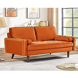 Container Furniture Direct Velvet 58" Loveseat Sofa Couch for Living Room, Classic Mid-Century Style with Modern Silhouette, Button Tufting and Wood Legs, Includes 2 Bolster Pillows, Orange