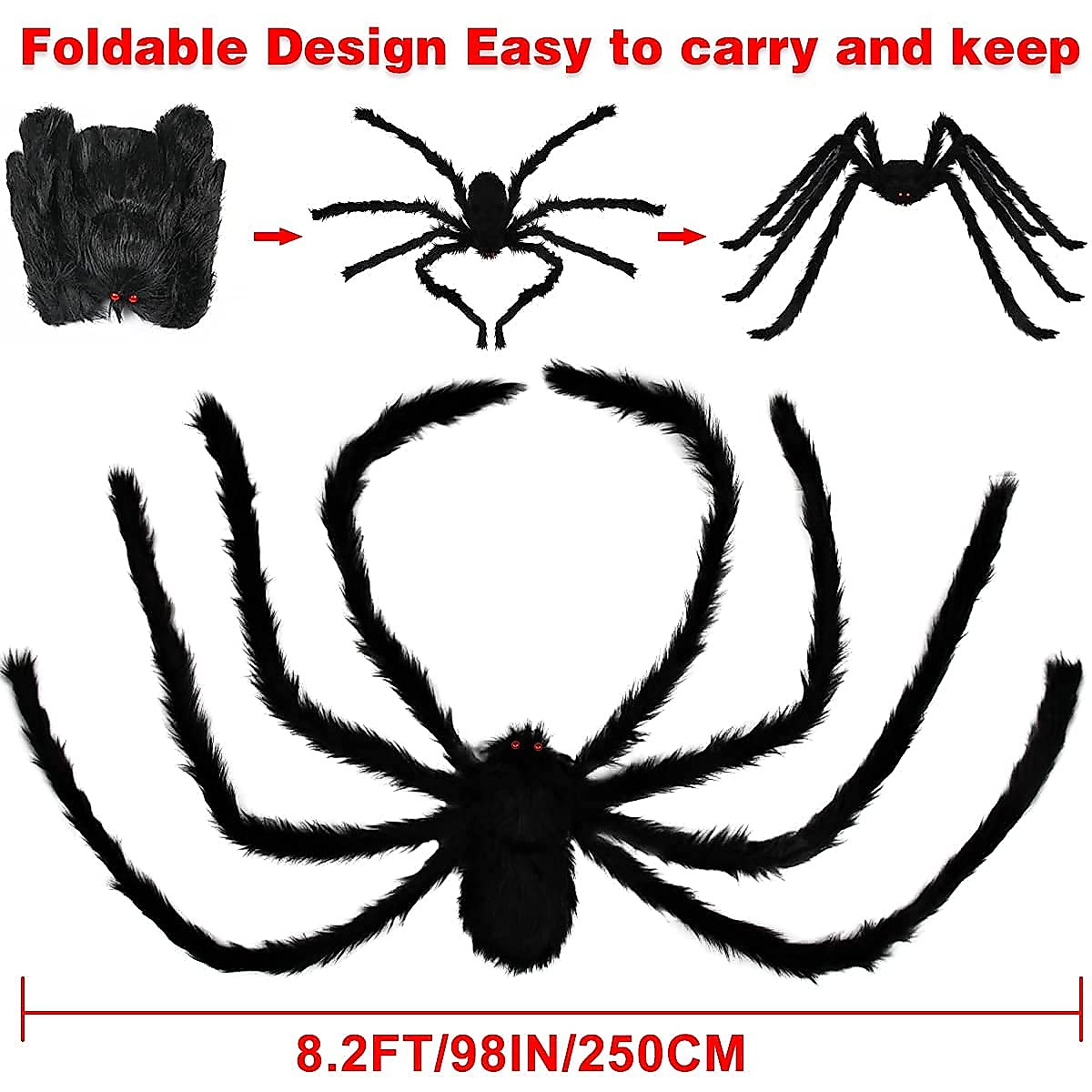 Chermory 8.2FT/98IN/250CM Halloween Giant Spider Decorations, Large Fake Scary Hairy Spider,Halloween Huge Plush Toy Spider Props Toy for Indoor Outdoor Creepy Lawn Garden Decor Black