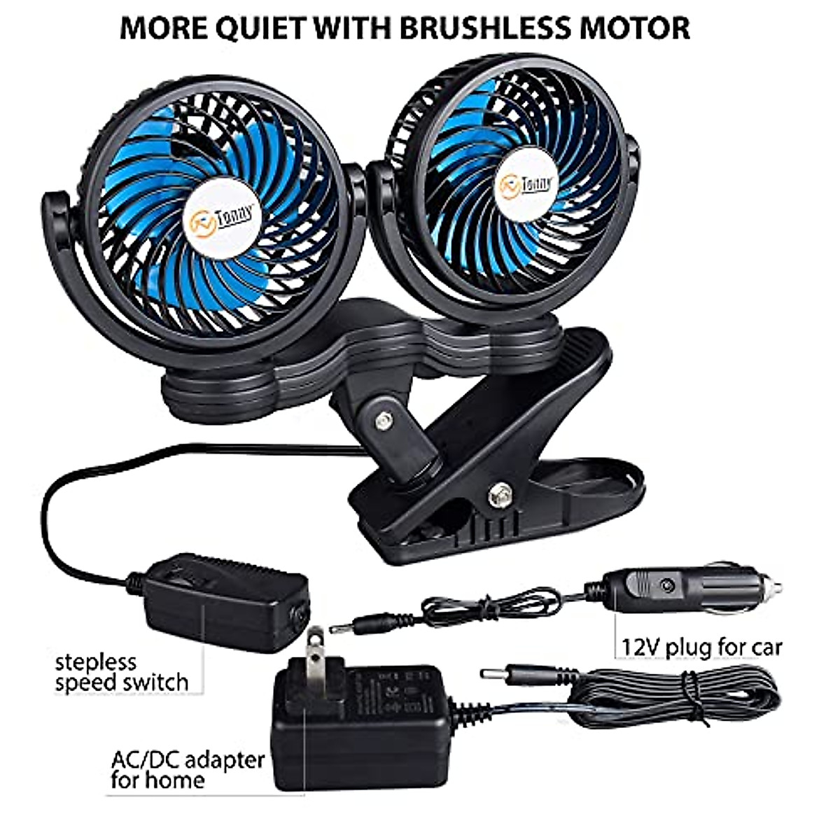 TN TONNY Dual Head Clip Fan, 12V/110V 4 Inches Electric Clip on Fan, 360° Rotatable Adjustable Cooling Air Fan with Stepless Speed Regulation and Brushless Motor for Vehicle or Home