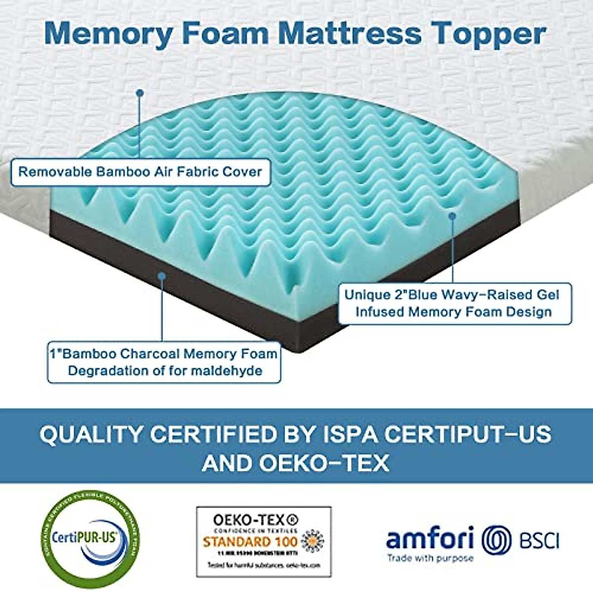 LANELIFE 3 Inch Egg Crate Memory Foam Mattress Topper California King Cooling Gel & Bamboo Charcoal Infusion, Fitted Bamboo Fiber Cover Ventilated Design, Comfort Body Support & Pressure Relief