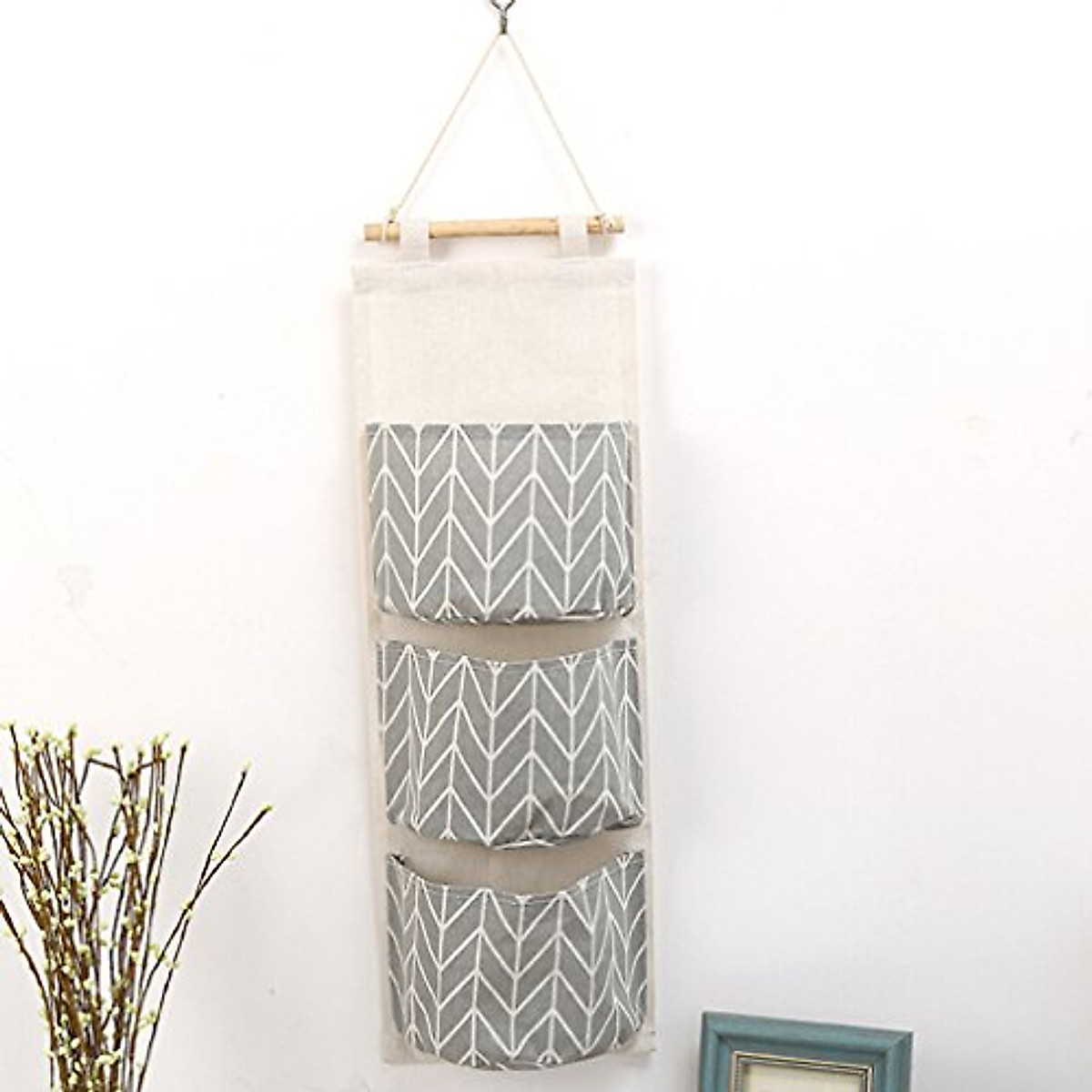 Dolland 1 Pc Linen Cotton Fabric Wall Door Closet Hanging Storage Bag 3 Pockets Over the Door Organizer ,Gray