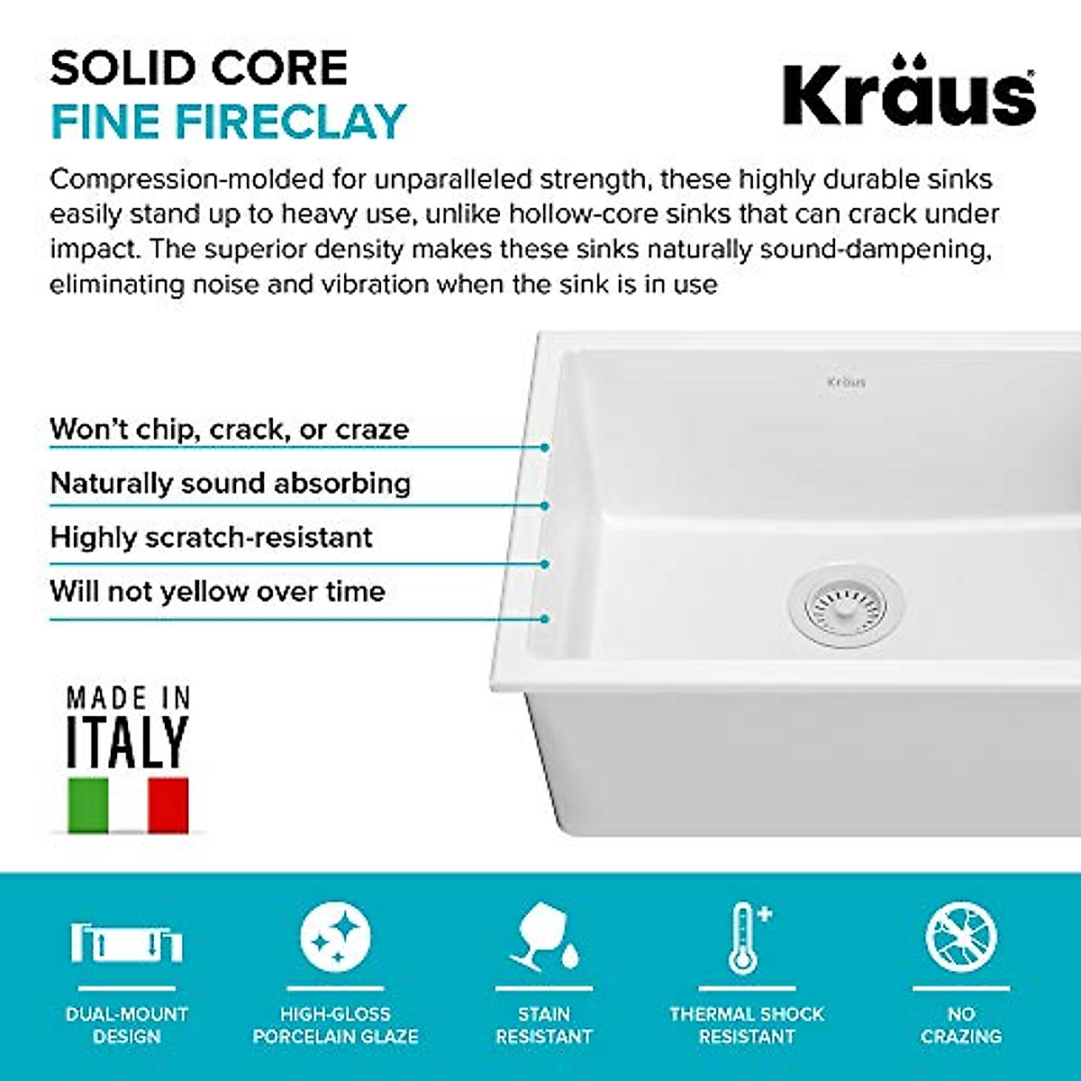KRAUS Turino™ 24” Drop-In Undermount Fireclay Single Bowl Kitchen Sink with Thick Mounting Deck in Gloss White, KFD1-24GWH