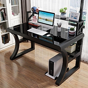 TopJia Tempered Glass Computer Desk, Large Office Desk with Storage Shelves, Modern Simple Gaming Table with Metal Frame, Writing Study Desk for Home Office Workstation(80cm/31inch, C), 1750318