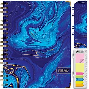 HARDCOVER Academic Year 2023-2024 Planner: (June 2023 Through July 2024) 8.5"x11" Daily Weekly Monthly Planner Yearly Agenda. Bookmark, Pocket Folder and Sticky Note Set (Dark Blue Marble)