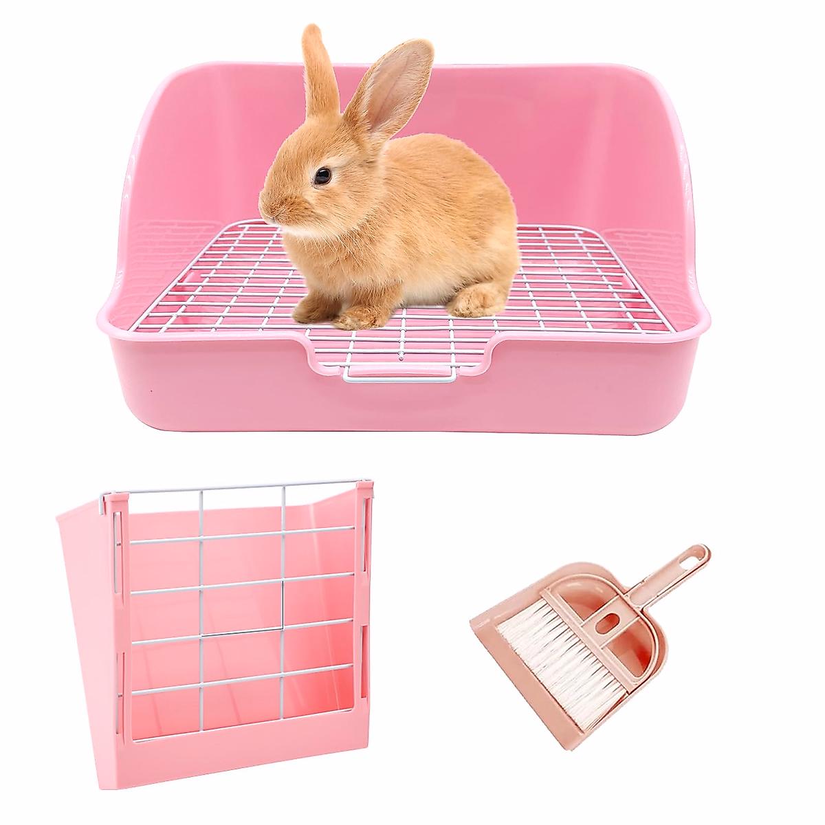 WEWAYKGJ Rabbit Litter Box Bunny Potty Box Guinea Pig Hay Rack Feeder Rabbits Corner Litter Pan Potty Trainer Pet Toilet with Cleaning Set for Hamster, Guinea Pig, Ferret and Other Animals (Pink)