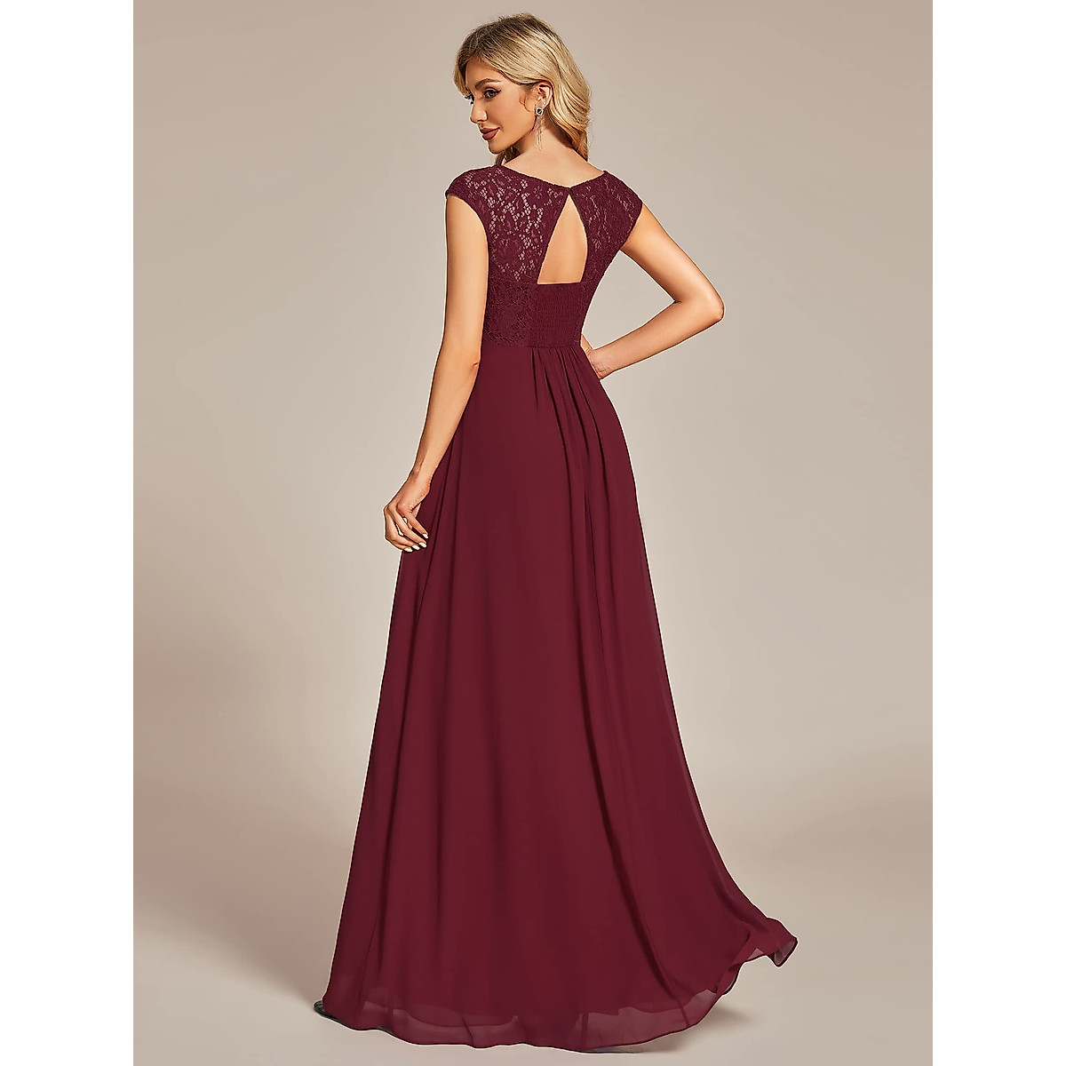 Ever-Pretty Women's Summer Lace Round Neck Pleated Chiffon Bridesmaid Dresses Burgundy US4