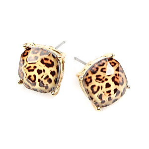 Faceted Jewel Statement Stud Earrings - Square Cushion Cut Sparkly, Opalescent Animal Leopard Print (Cushion Leopard Square - Gold 2)