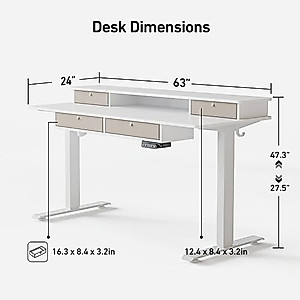 FEZIBO Sturdy Height Adjustable Electric Standing Desk with Drawers, 63 x 24 Inch Stand Up Table with Large Storage Shelf, Sit Stand Desk, White Top