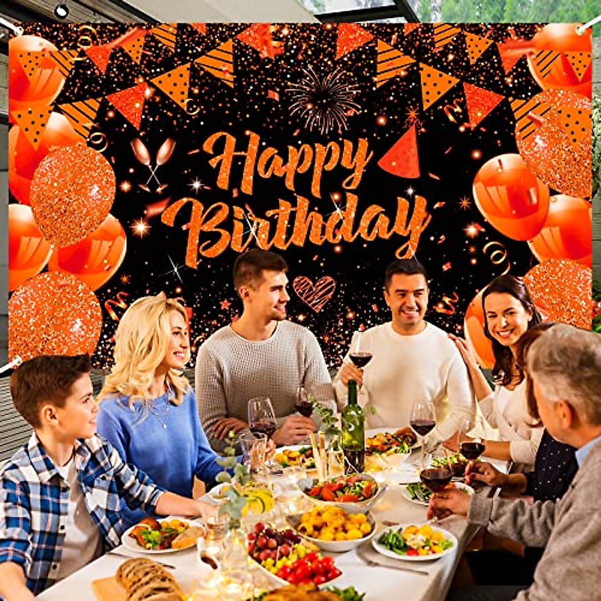 Orange Birthday Banner Decorations Large Orange Black Happy Birthday Banner Backdrop Orange Birthday Sign Photo Booth Background for Women Men Birthday Party Supplies 71x43Inch
