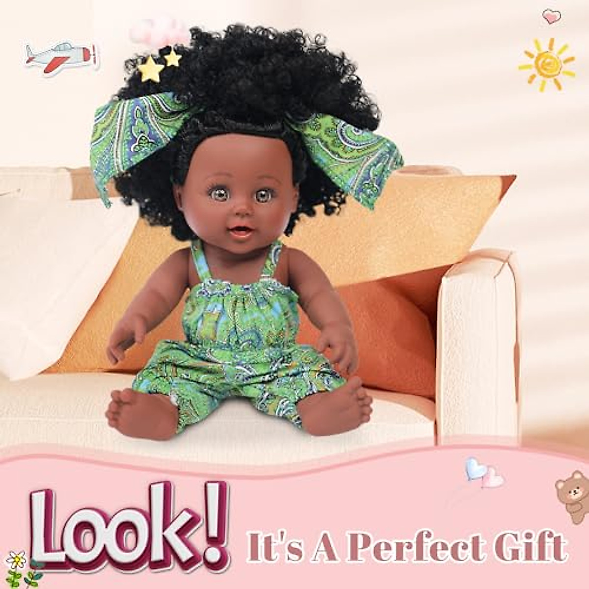 TUSALMO 12 inch Lifelike Silicone Vinyl Newborn Baby Dolls, African American Baby Black Dolls, give for Kids and Girl Holiday Birthday Gift, African Black Dolls, Reborn Doll