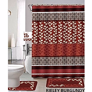 WPM WORLD PRODUCTS MART Riely 18-Piece Bathroom Set: 2-Rugs/mats, 1-Fabric Shower Curtain, 12-Fabric Covered Rings, 3-pc. Decorative Towel Set (Burgundy)