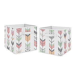 Coral and Mint Woodland Mod Arrow Foldable Fabric Storage Cube Bins Boxes Organizer Toys Kids Baby Childrens for Collection by Sweet Jojo Designs - Set of 2