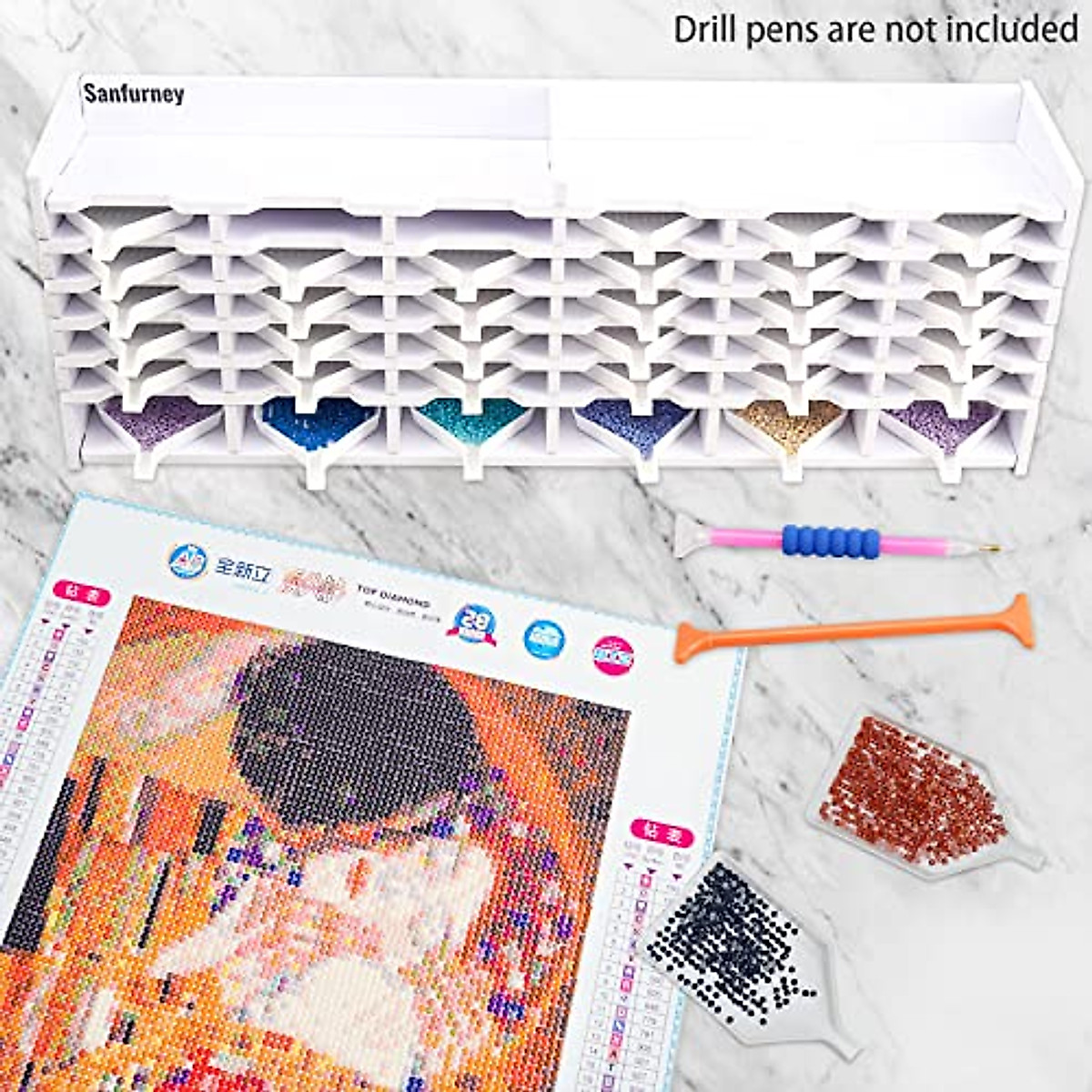 Sanfurney 36 Slots Diamond Painting Tray Tower Organizer with Drill Pen Holder, Multi-Boat Plates Storage Rack, Diamond Painting Accessories Kits, Gift for Adults DIY Craft Arts (36 Trays Included)