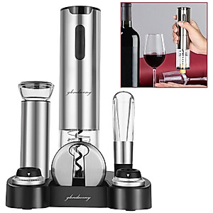 Electric Wine Opener Set with Stand, Wine Gift Set with Rechargeable Wine Opener, Wine Aerator, Foil Cutter, Vacuum Pump and 2 Stoppers, 7-in-1 Wine Bottle Opener Set for Home Party Bar Outdoor Gift