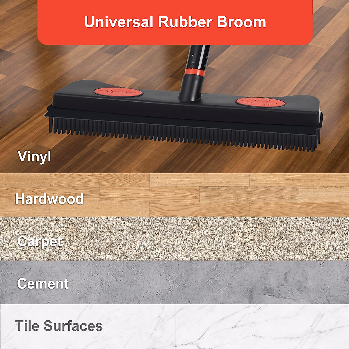 Tiumso Rubber Broom for Carpet, Pet Hair Removal Broom with Squeegee for Floor, Carpet Broom Includes Rubber Brush and Microfiber Cloth for Dog and Cat Hair - Black and Red