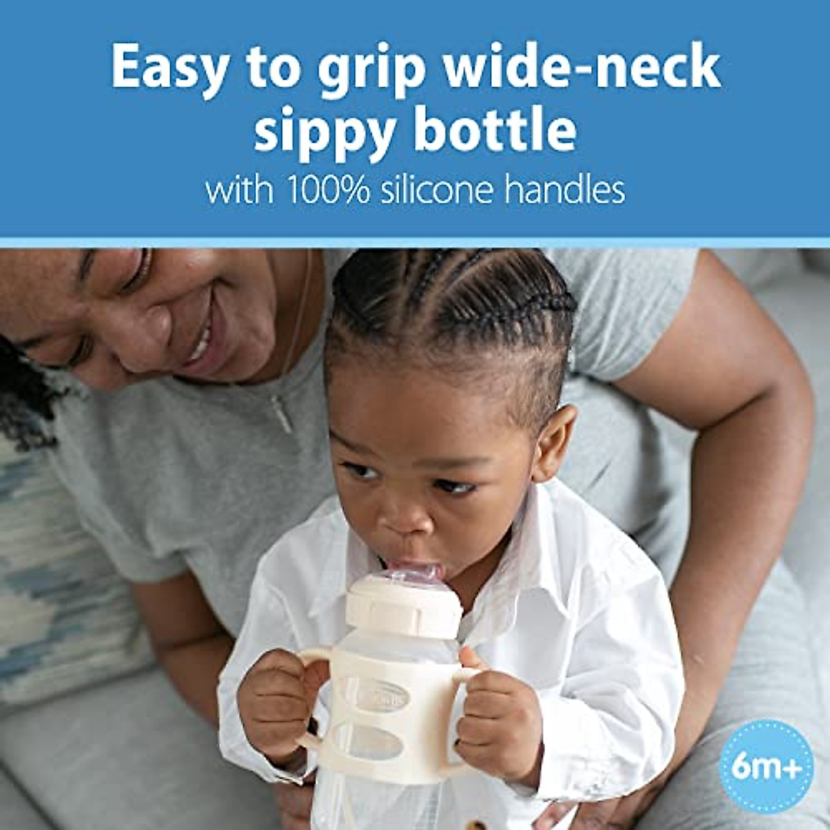 Dr. Brown’s® Milestones™ Wide-Neck Sippy Bottle with 100% Silicone Handles, Easy-Grip Bottle with Soft Sippy Spout, 9oz/270mL, BPA Free, Ecru, 6m+ (Pack of 2)