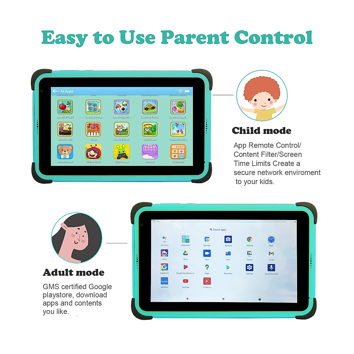 weelikeit Kids Tablet 7 inch, Android 11.0 Tablets for Kids, Toddler Tablet with GMS Certified,2GB RAM 32GB ROM, KIDOZ Pre-Installed,Parental Control,WiFi, Built in Proof Case and Stylus(Green)