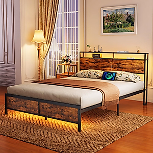 Anwick Industrial Full Bed Frame with LED Light Headboard, Metal Platform Bed with USB Charging Station, Under Bed Storage, No Box Spring Needed (Black, Full)