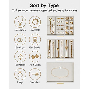 Vlando Jewelry Box for Women, Glass Lid Jewelry Organizer with 3 Drawers for Necklaces Rings Earrings Bracelets Christmas Gift - White