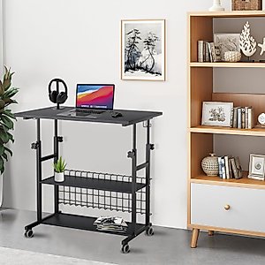 AIZ Rolling Laptop Cart with Storage for Small Spaces Portable Mobile Adjustable Computer Table on Wheels for Couch Bedrooms Black 39.4’’x19.7’’