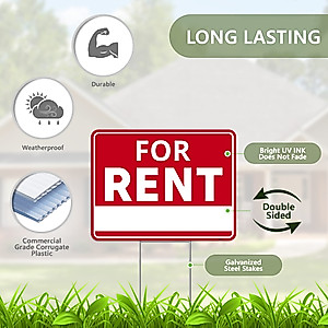 2PC For Rent Sign with Stand, 17 Inches by 13 Inches - Double Sided Signs - Corrugated Plastic - For Rent Yard Sign with Stake