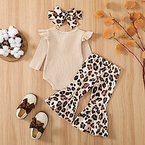 fhutpw Newborn Baby Girl Clothes Infant Rib Frill Long Sleeve Romper Flared Pants Headband Set 3pcs Fall Winter Outfits (A- Beige, 9-12 Months)