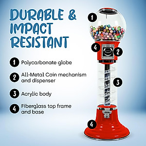 Gumball Machine Spiral Vend - 4’ Height - Set Up for $0.25 - Dispenses 1” Gumballs, Bouncy Balls & Toys in Round Capsules - Spiral Vending Machines for Kids - Bubble Gum Machine - Red