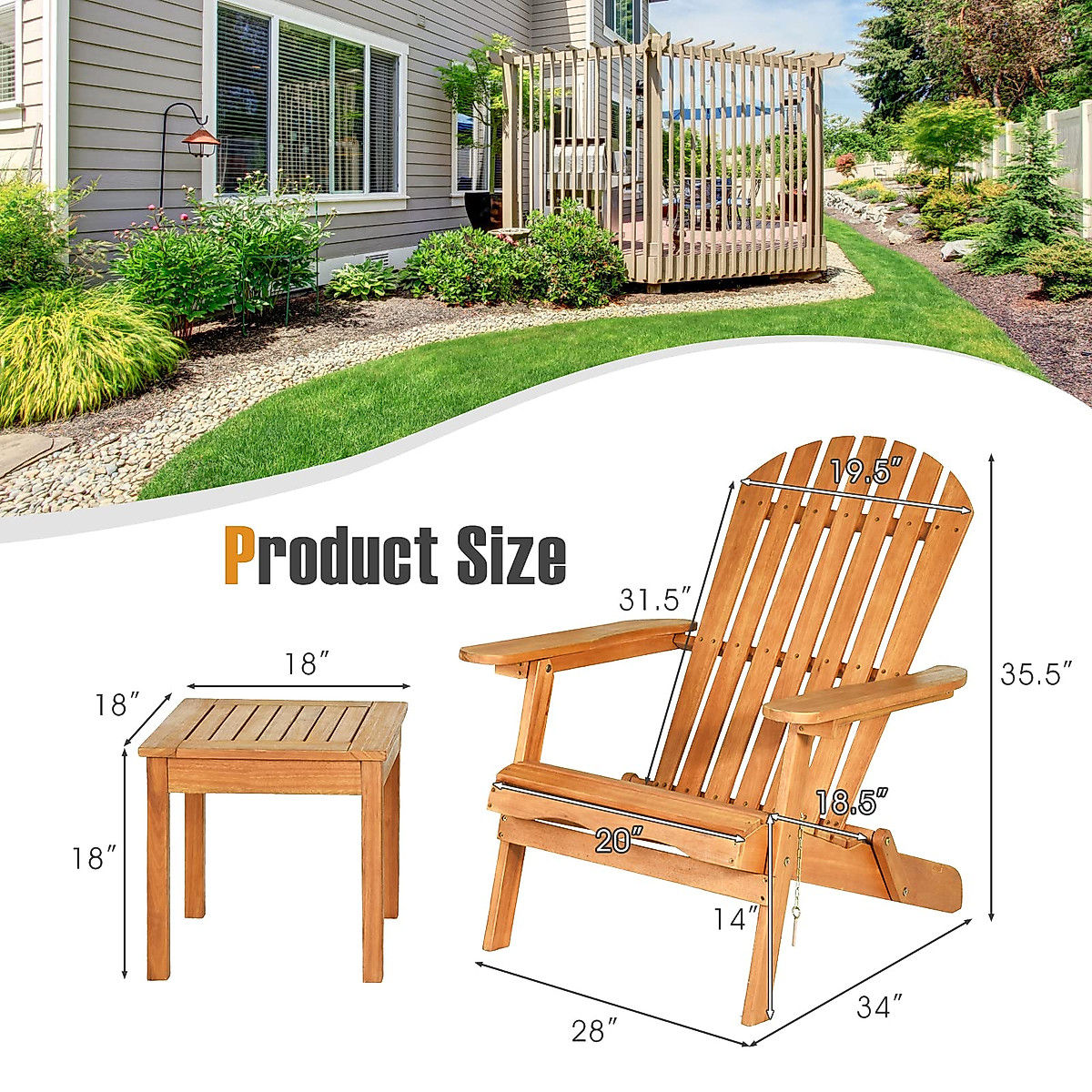 Tangkula 3 Pieces Adirondack Chair Set, Outdoor Wood Furniture Set with 2 Folding Lounge Chairs & Side Table, Widened Armrest, Slatted Design, All Weather Conversation Set for Garden Patio Backyard