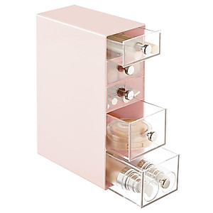 mDesign Plastic 5-Drawer Organizer for Makeup Storage - 5-Tier Storage Organizer - Stackable Organization with Pull-Out Drawers for Bathroom, Vanity, or Desk - Lumiere Collection, Light Pink/Clear