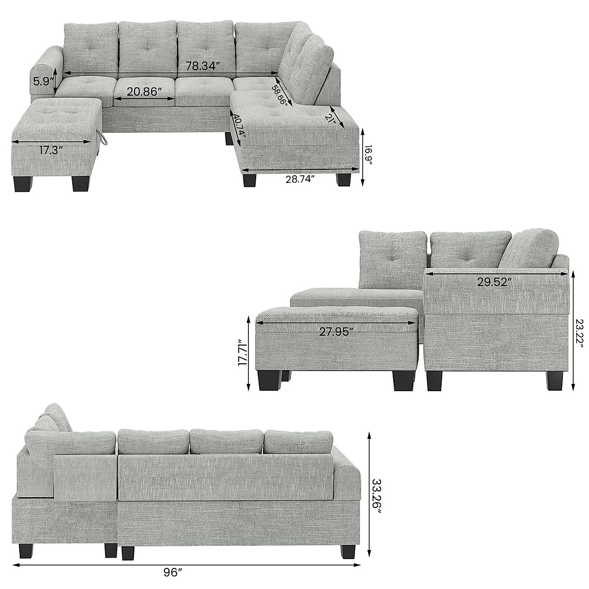 AWQM Modular Sectional Sofa with Ottoman, Fabric L-Shaped Couch with Chaise & Cup Holders, Living Room Furniture Sets Sectional Sofa Set, 6 Seat Corner Couch Sofa for Living Room, Apartment