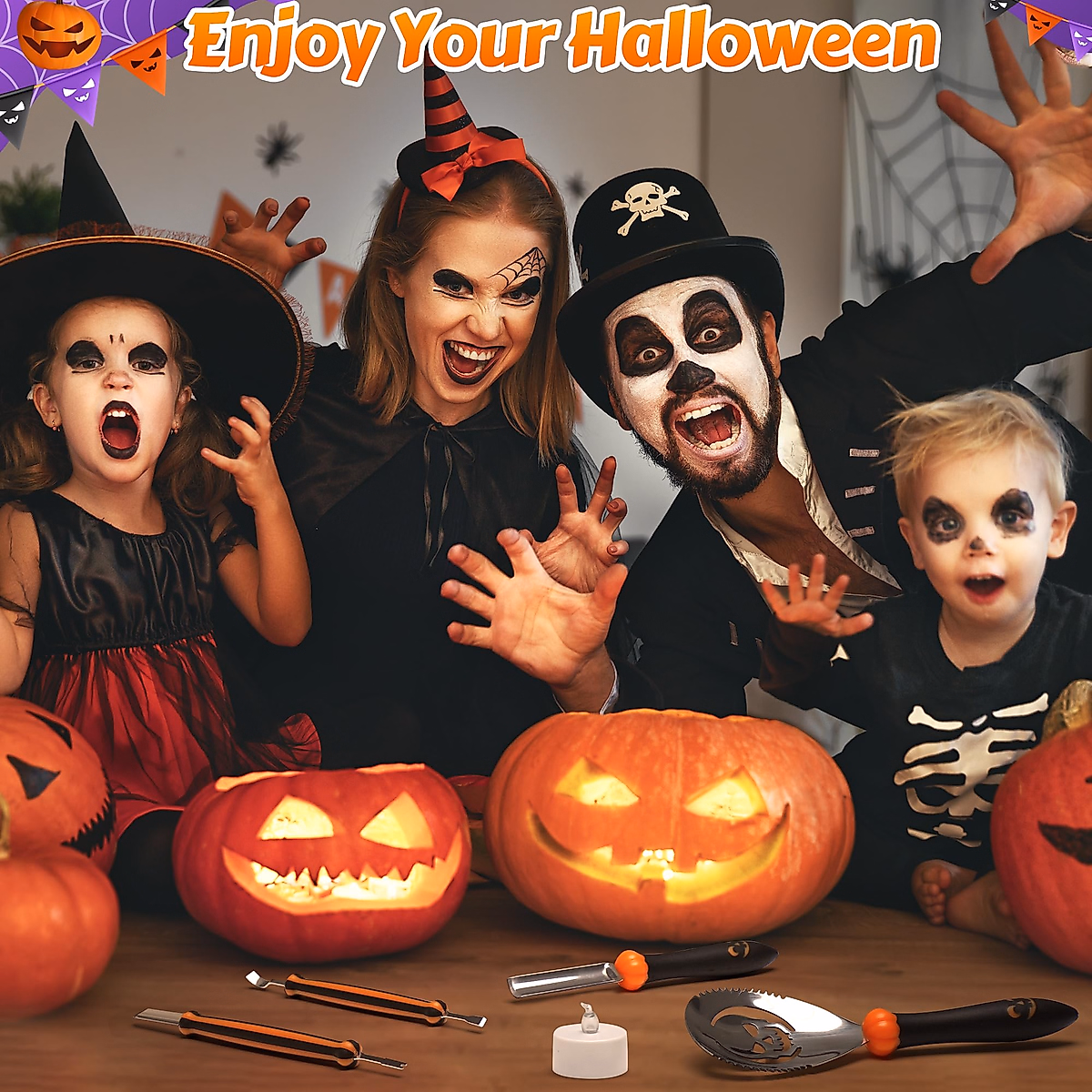 ZIZZ Pumpkin Carving Tools Halloween: 26 Pcs Professional Pumpkin Carving Kit Set for Adult Kid Stainless Steel Pumpkin Sculpting Tool with Stencil & LED Light for Halloween Decoration Jack-O-Lantern