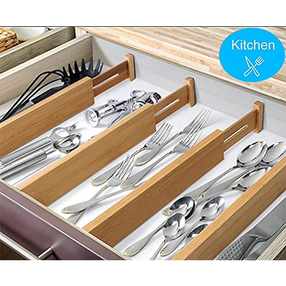 6 Pack Adjustable Bamboo Drawer Dividers Organizers, Spring Loaded Drawer Separators - Expandable Drawer Organization Separators for Kitchen, Dresser, Bedroom, Baby Drawer, Office (17.5-22 inch)