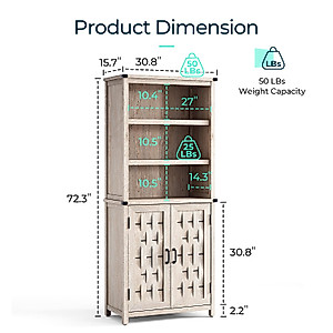 LINSY HOME Farmhouse Bookcases with Doors, Floor Standing 6-Shelf Display Storage Shelves, 72 in Tall Bookshelves for Home Office, Living Room, Light Gray