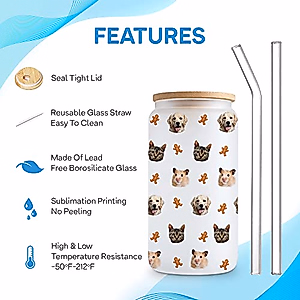 Hyturtle Personalized Pet Owner Glass Cup Dog Cat Face in Pictures Pet Paw Glass Cup bamboo Lid & Straw 12oz16oz Coffee Glass Cup Birthday Christmas Gifts For Women Girls Kid Animal Lover Custom Name