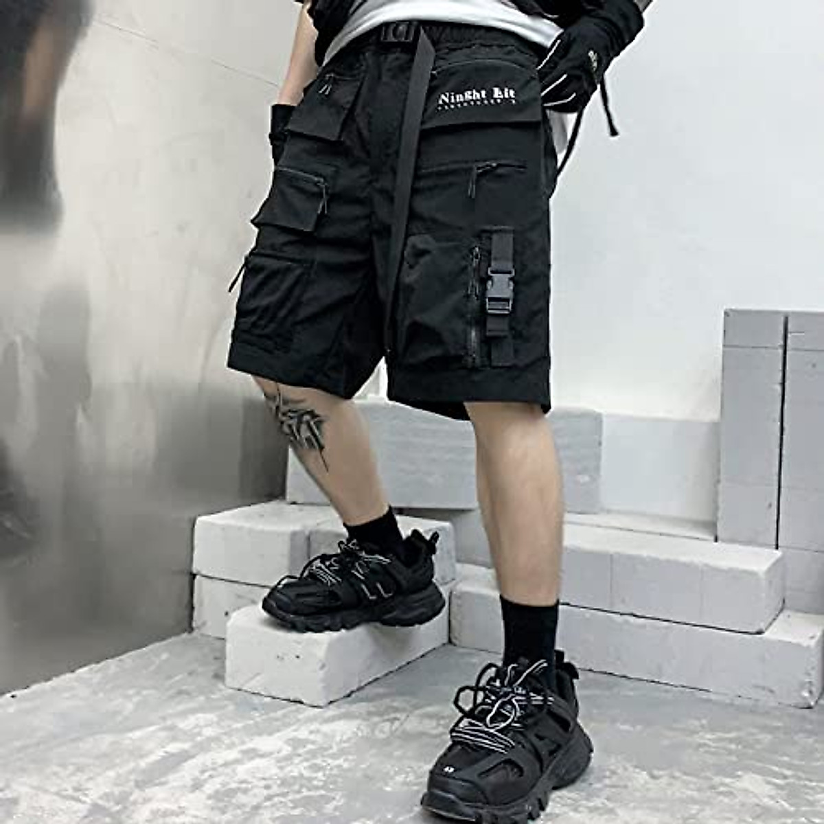 XYXIONGMAO Cyberpunk Shorts Hip Hop Sweatpants Techwear Overalls Slacks Athleisure Men's Tactical Cargo Streetwear Pants(Black,L)