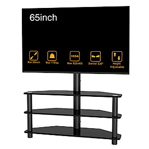 IANIYA Swivel Floor TV Stand Height Adjustable Bracket Entertainment Stand for 32 to 65 inch TV | 3-Tier BlackTempered Glass Multi-Function TV Stand