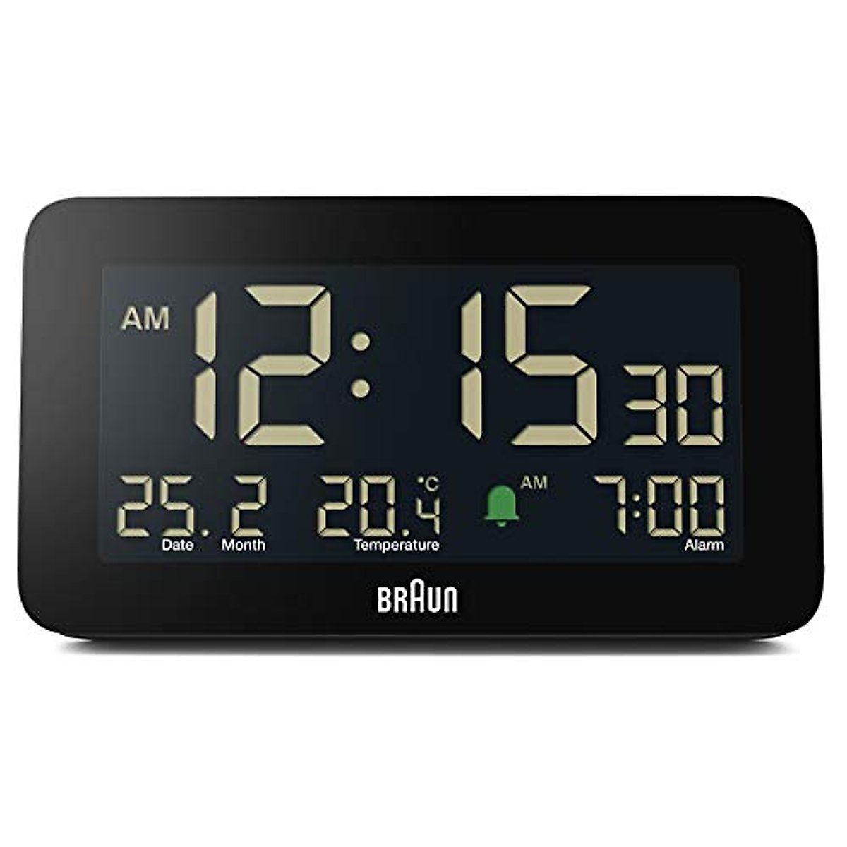 Braun Digital Alarm Clock with Date, Month and Temperature Displayed, Negative LCD Display, Quick Set, Crescendo Beep Alarm in Black, Model BC10B.