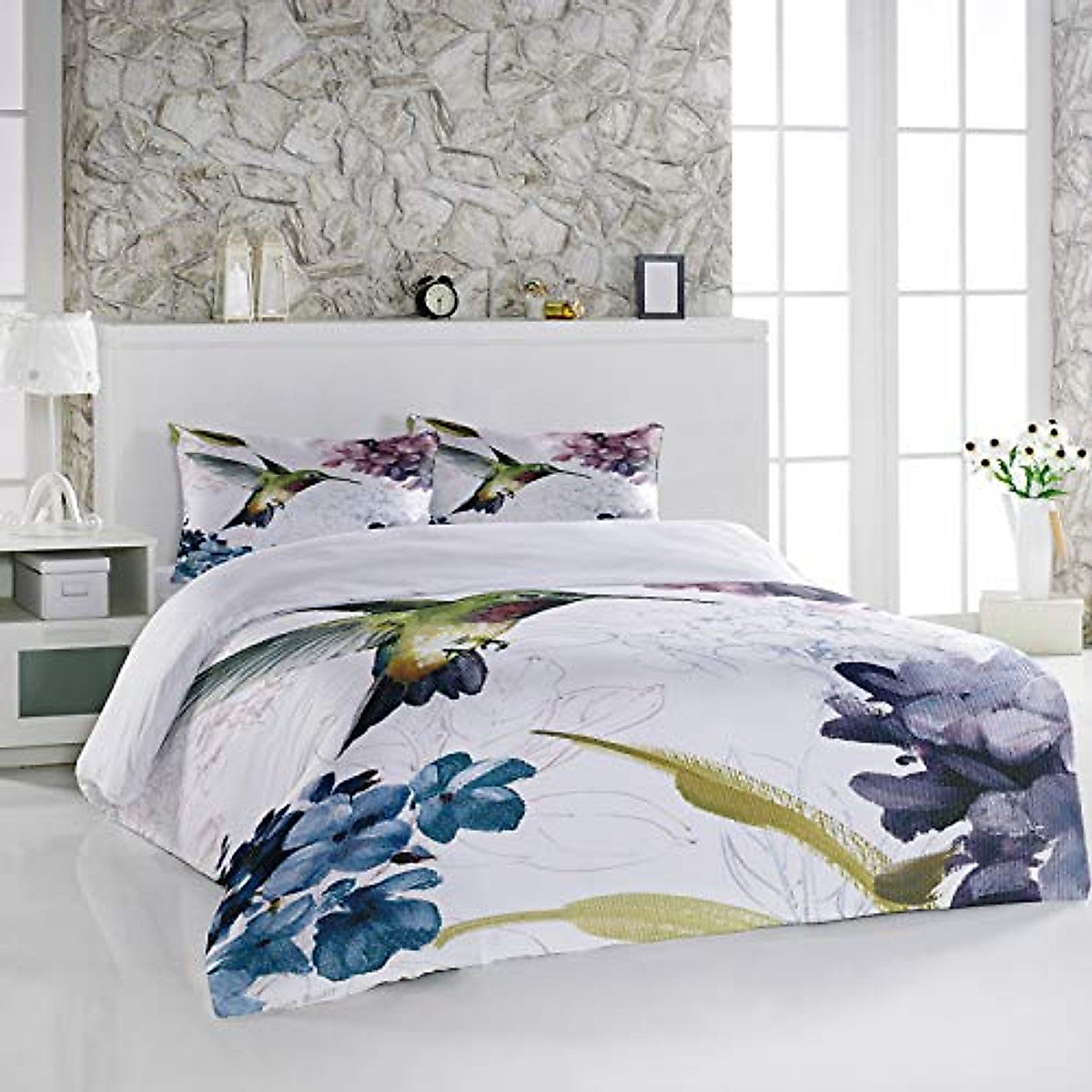 Duvet Cover Set 3 Pieces Queen Bedding Sets Hummingbird Hydrangea White Back Soft Luxury Comforter Cover with Pillowcases Microfiber Bedroom Quilt Covers-Zipper Closure Summer Bird Gradient Leaves