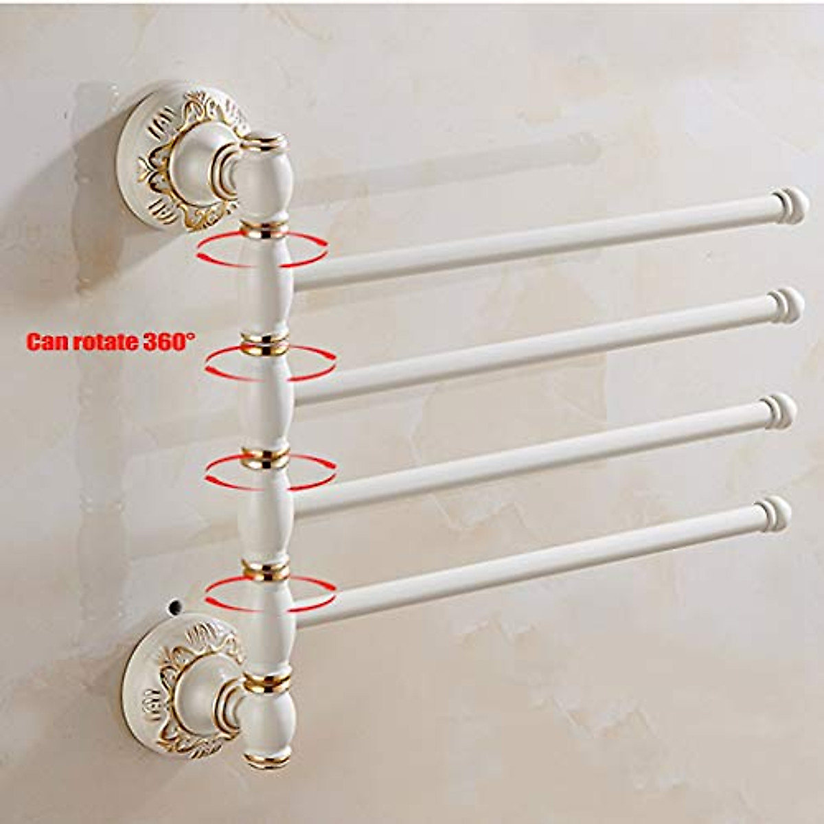 Towel rack European-Style Rotating Multi-Arm Towel Bar, Space Aluminum Multi-Function Bathroom Storage Rod, New Thick Base, Gold Pattern Design.