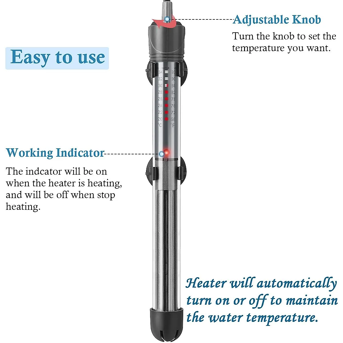 HITOP 50W 100W 300W Adjustable Aquarium Heater, Submersible Fish Tank Heater Thermostat with Suction Cup (300W)