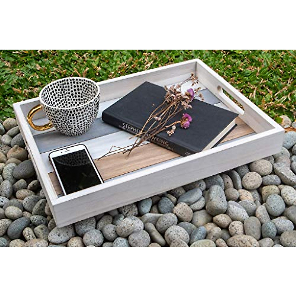 Rustic Wooden Serving Tray for Ottoman and Coffee Table Lap Tray (16.3L x 12.2W x 2H in, Multicolor)