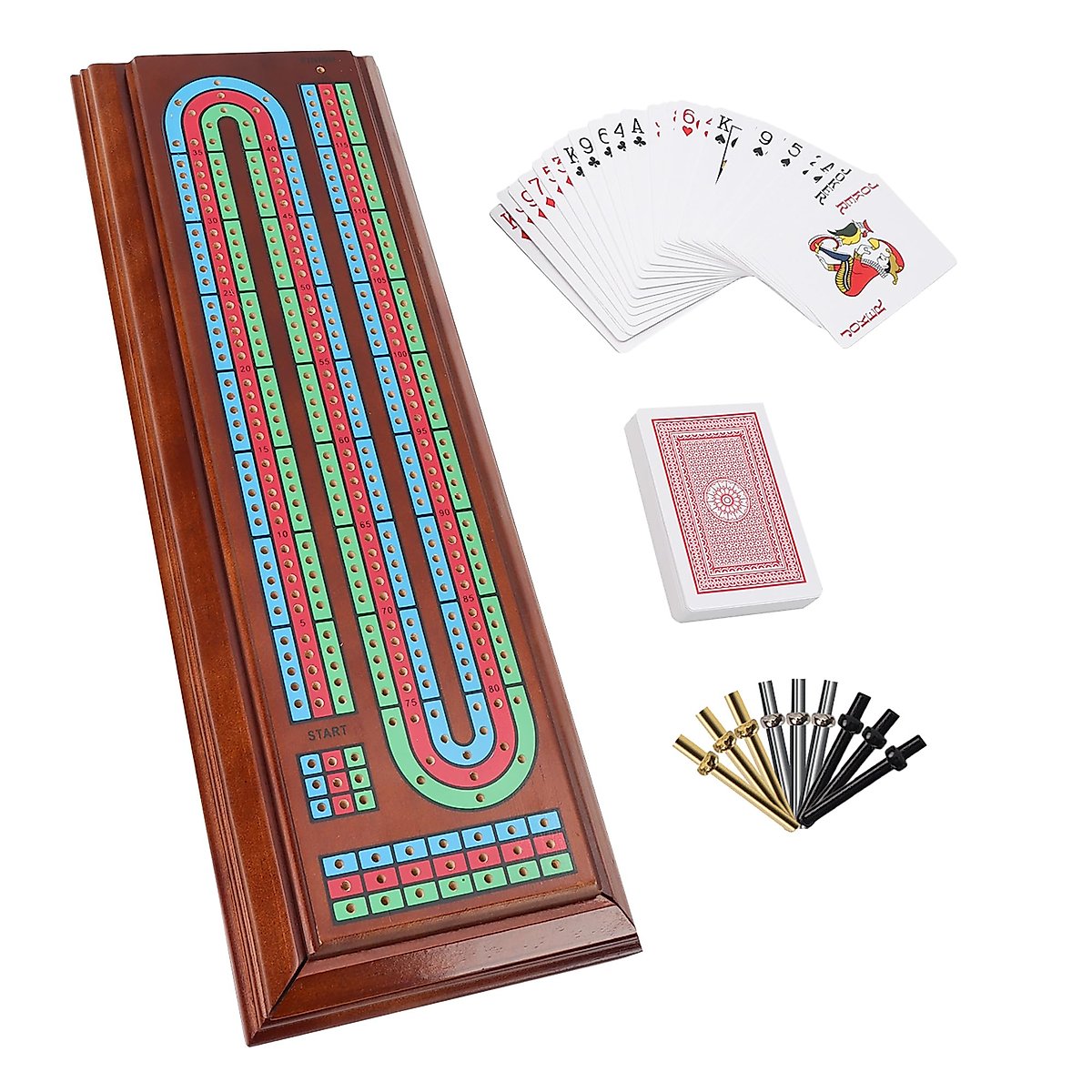 GSE Games & Sports Expert Multi-Color 3-Track Wooden Cribbage Board Game Box with 2 Deck Playing Cards, 9 Metal Pegs and Storage Drawer, Three-Track Cribbage Board with Large Storage